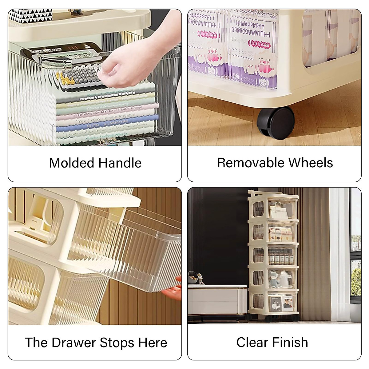 VODUR Plastic Storage Drawer Cart, Medium Home Organization Storage Container with 5 Large Drawers with Removeable Wheels, White Frame with Clear Drawers and Black Casters, Set of 1