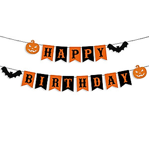 PTFNY Halloween Happy Birthday Banner Black Orange Halloween Birthday Bunting Banner with Pumpkin and Bat Signs Halloween Themed Birthday Party Decorations for Wall Fireplace Party Decor Supplies