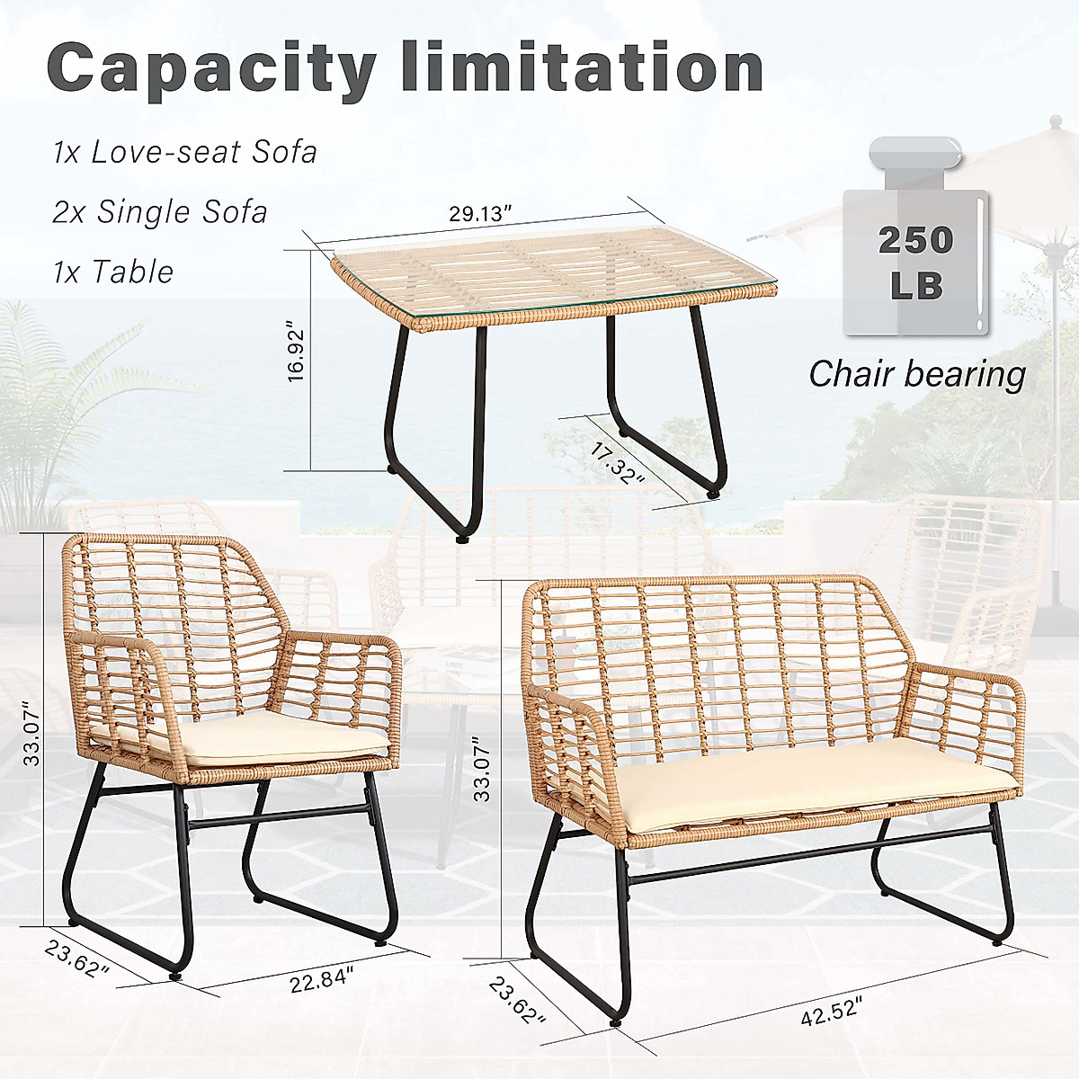 PAOLFOX 4 Piece Patio Conversation Sets,Wicker Patio Furniture Sets,Outdoor Patio Furniture,Outside Furniture,Backyard Furniture,Front Porch Furniture,Beige