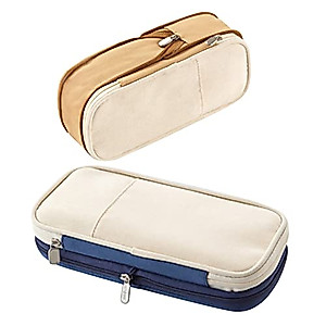 Eaarliyam Pencil Case,Expandable Pencil Case, Large Capacity Pencil Cases Pen Bag Pouch Holder School Stationery Organizer Makeup Cosmetic Bag,Navy+Beige Aesthetic Pencil Case