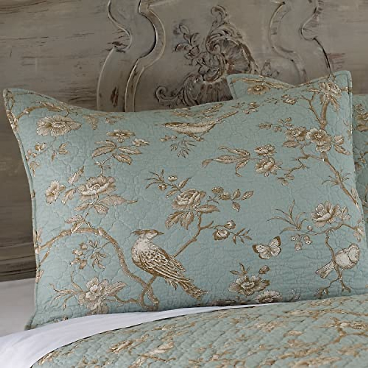 Levtex Home - Lyon Teal Quilt Set - King/Cal King Quilt + Two King Pillow Shams - Bird Toile - Teal, Brown, Cream - Quilt Size (106x92in.), Sham Size (36x20in.) - Reversible - Cotton Fabric