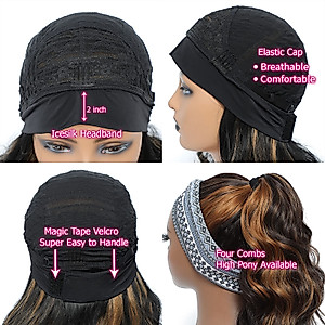 Brown Headband Wig 24 Inch Long Wavy Headband Wigs for Black Women Dark Brown Mix Blonde Highlights Loose Wave Headband Wig Synthetic Long Wigs for Women and Girls Daily Party Wear (Brown)