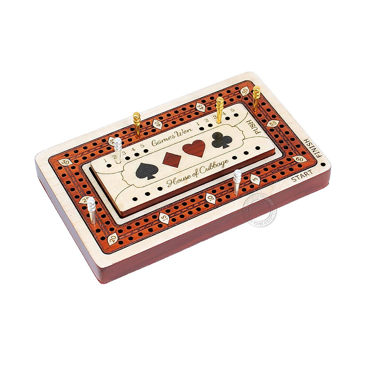 House of Cribbage - 2 Track - Wooden Travel/Pocket Size Cribbage Board - 4 Inch - Inlaid in Maple Wood/Bloodwood with Storage Space for Cribbage Pegs - 60 Points - Non Continuous