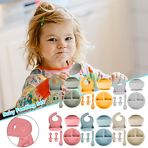 HOTBEST Set of 6 Baby Feeding Set, Silicone Baby Tableware Set, Food Grade Infant Dinnerware Set, BPA Free Baby Led Weaning Supplies, Non-Slip Self Feeding Utensils for Toddlers Infant Kids (Beige)