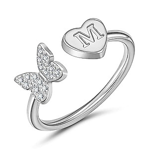 Sora Tuki M Initial Ring for Women Silver Letter Ring Adjustable Rings Butterfly Heart Initial Rings for Women Dainty Stackable Rings Cute Silver Rings