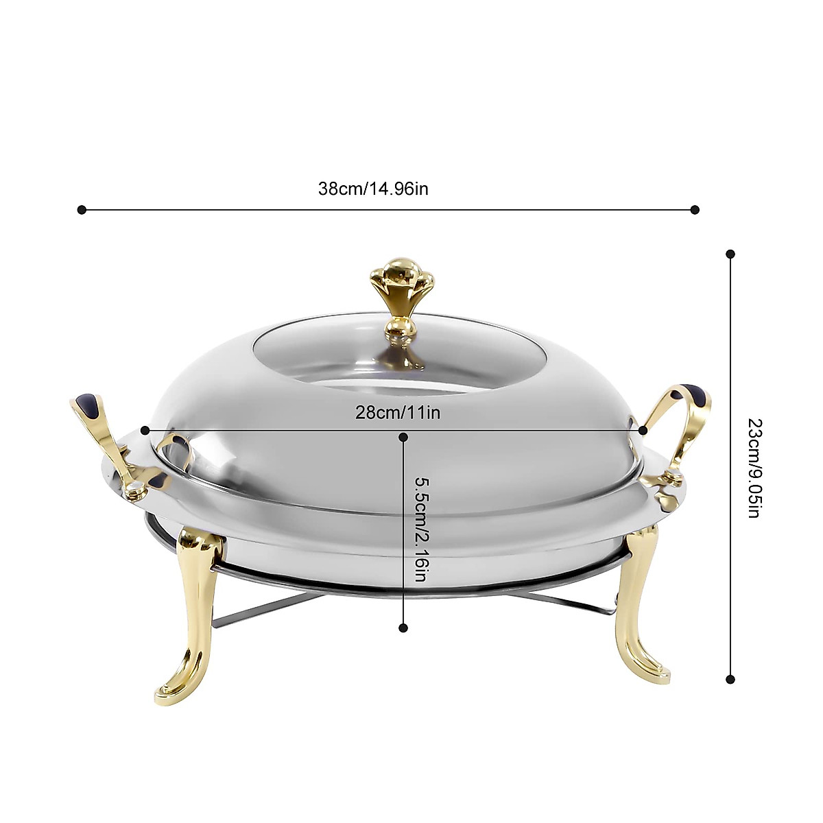 Round Chafing Dish for Buffet, 3.17Qt Stainless Steel Dining Stove without Ears, Food Warmer with Lid and Chafing Fuel Holder for Banquets Outdoor Party Dining-Without Water Pan, Gold