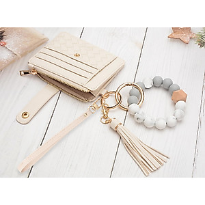COOLANS Wristlet Bracelet Keychain Pocket Credit Card Holder Purse Tassel Keychain Bangle Key Ring for Women (Silicone Bead Bracelet+Card Purse (Creamy white))