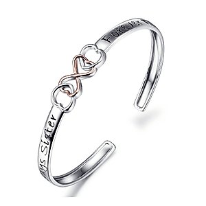 Two Tone 925 Sterling Silver "Always Sister Forever Friend" Infinity Love Bracelet 7 Inch, Friendship Gift for Women BFF Birthday Gift
