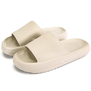rosyclo Cloud Slides Slippers for Women and Men, Pillow Shower Bathroom Non-Slip Open Toe Super Soft Comfy Home House Cloud Cushion Slide Sandals for Indoor & Outdoor Shoes, Beige Tan