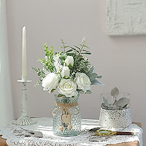 Faux Flowers with Vase,Artificial Silk Roses in Vase, Fake Plant Eucalyptus Flower Arrangement for Home Office Farmhouse Bathroom Dining Table Centerpiece Decorations Coffee Table Decor (White)