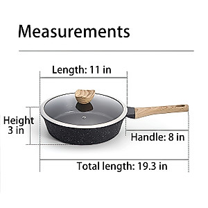 TAMASAKI 11 Inch Nonstick Medical Stone Skillet No Fumes Frying Pan Household Nonstick Cookware Stone-Derived Coating with Glass Lid Black