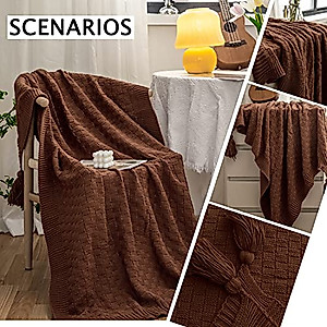 HT&PJ Knit Throw Blanket Cotton Throw Blanket with Tassels Super Soft Warm Cozy Solid Decorative Blanket for Bed, Sofa, Couch, Living Room All Seasons-Caramel, 50"×70"