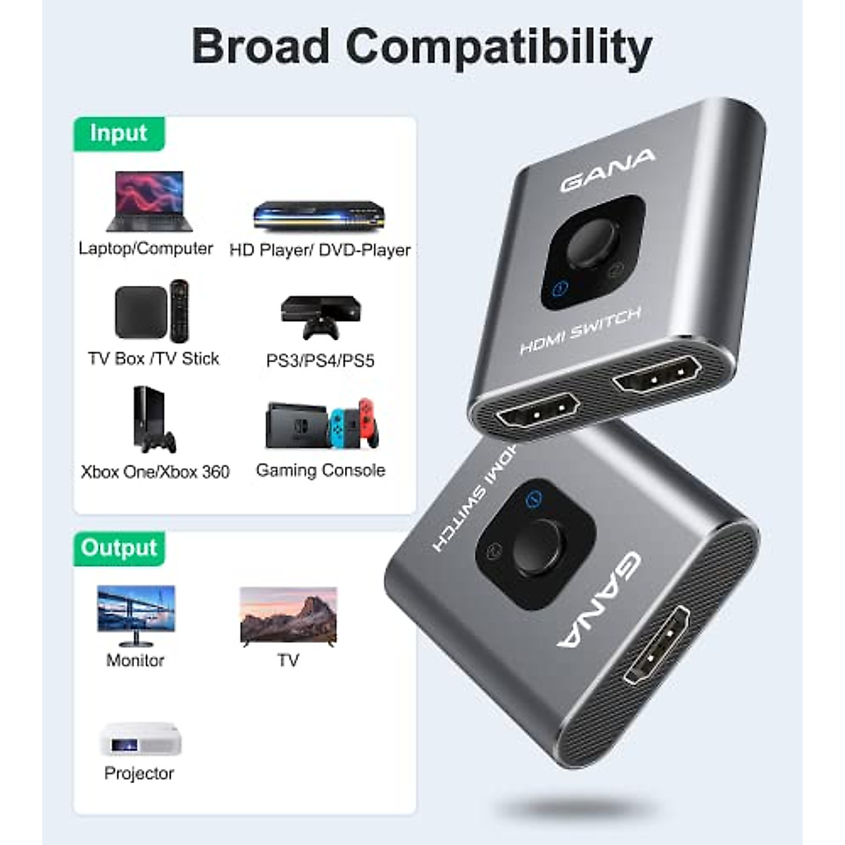 HDMI Switch 4k@60hz Splitter, GANA Aluminum Bidirectional HDMI Switcher 2 in 1 Out, Manual HDMI Hub Supports HD Compatible with Xbox PS5/4/3 Blu-Ray Player Fire Stick Roku