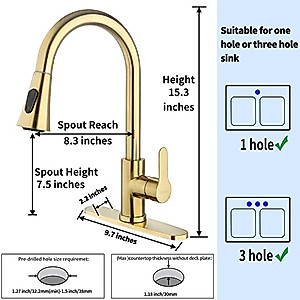 Kohonby Gold Kitchen Faucet with Pull Down Sprayer Modern Stainless Steel High Arc Single Handle Kitchen Sink Faucet Brushed Gold, Commercial 1 Hole Kitchen Faucet with Deck