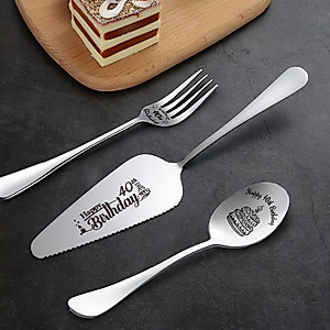 Happy 40th Birthday Personalized Laser-Engraved Stainless Steel Birthday Party Utensil Set - Cake Server, Spoon, and Fork for Mother Father Husband Wife Boyfriend Girlfriend
