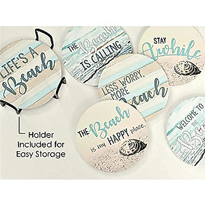 PANCHH Beach Coastal & Ocean Sea Tropical Theme Coasters for Drinks , Kitchen Decor and Gifts for Beach House and Home Beach Bars - Coasters for Wooden Table - Set of 6 with Holder , Absorbent
