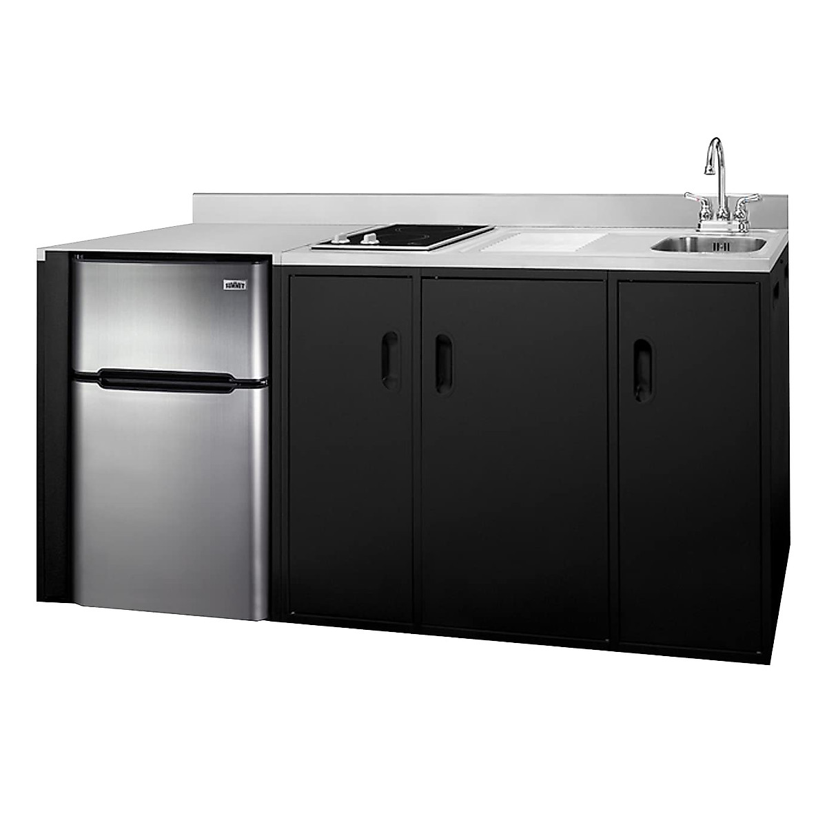 Summit Appliance CK72ADASINKR 72 Wide All-In-One Kitchenette, ADA Compliant, Sink and Faucet, 2-door Refrigerator-freezer, 2-burner Smooth-top Cooktop, Indicator Lights, Storage Compartments,Black