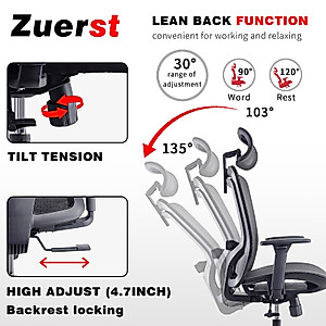 ZUERST Ergonomic Office Chair - Reclining Office Chair with Mesh Seat and Back, 5D Adiustable Headrest, 4D Lumbar Support, Armrest, Big and Tall Swivel Rocking Computer Desk Chairs for Home Office (Bl