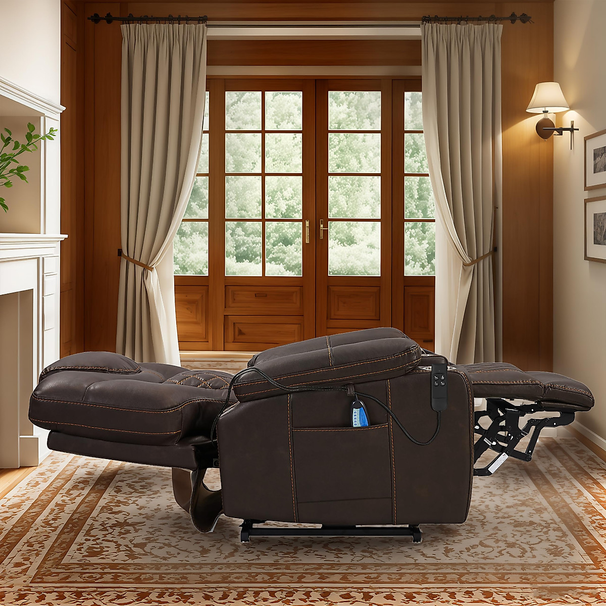 PUG258Y Lift Chair for Elderly: 9988 High Density Foam Lay Flat Heat and Massage, Reclining to 180, 2 Pockets Cup Holders, 2 Remote Controls, Dual OKIN Motors - Breathable Leather Reddish Brown