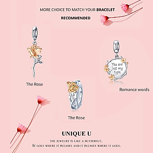 Presentski Rose Flower Pendant Charm Sterling Silver - Rose Gold Flower Pendants for Bracelet Necklace Jewelry Gifts for Women