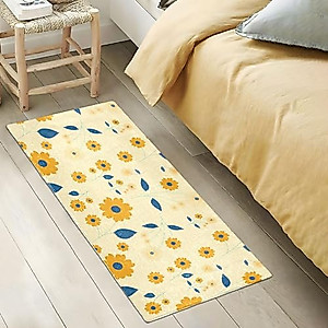 Fluffy Floor Carpet-Yellow Flower Blue Leaves,39x20in Front Door Mat Indoor Machine Washable Carpet,Aesthetic Rug