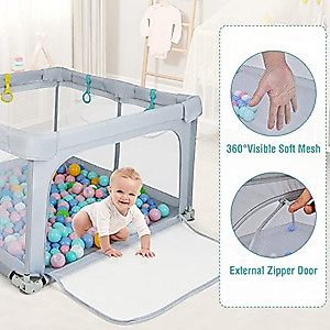 INFANS Baby Playpen Foldable, 50’’x50’’ Large Baby Playard for Toddlers with Gate, Soft Visible Mesh, Indoor Outdoor Kids Activity Center Baby Fence with 4 Handlers 50 Ocean Balls (Gray)