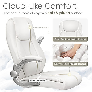 NEO CHAIR Ergonomic Office Chair PU Leather Executive Chair Padded Flip Up Armrest Computer Chair Adjustable Height High Back Lumbar Support Wheels Swivel for Gaming Desk Chair (White)