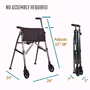 Stander EZ Fold-N-Go Walker, Lightweight Folding Rolling Walker for Adults, Seniors, and Elderly, Collapsable Travel Walker with Wheels, Ski Glides, and Pouch, Compact Standard Walker, Black Walnut