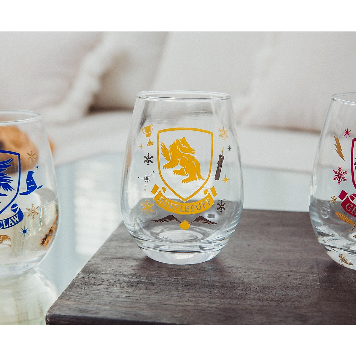 Silver Buffalo Harry Potter Hogwarts House Colors 12-Ounce Stemless Wine Glasses, Set of 4 | Holds 20 Ounces