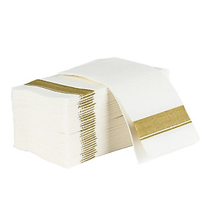 Rectangle Cloth-Like White Napkins with Gold Border, 50 Pack Fancy Paper Napkins, 22" x 22" Disposable Dinner Napkins - Decorative Party Napkins for Weddings, Dinners, Upscale Parties & Events