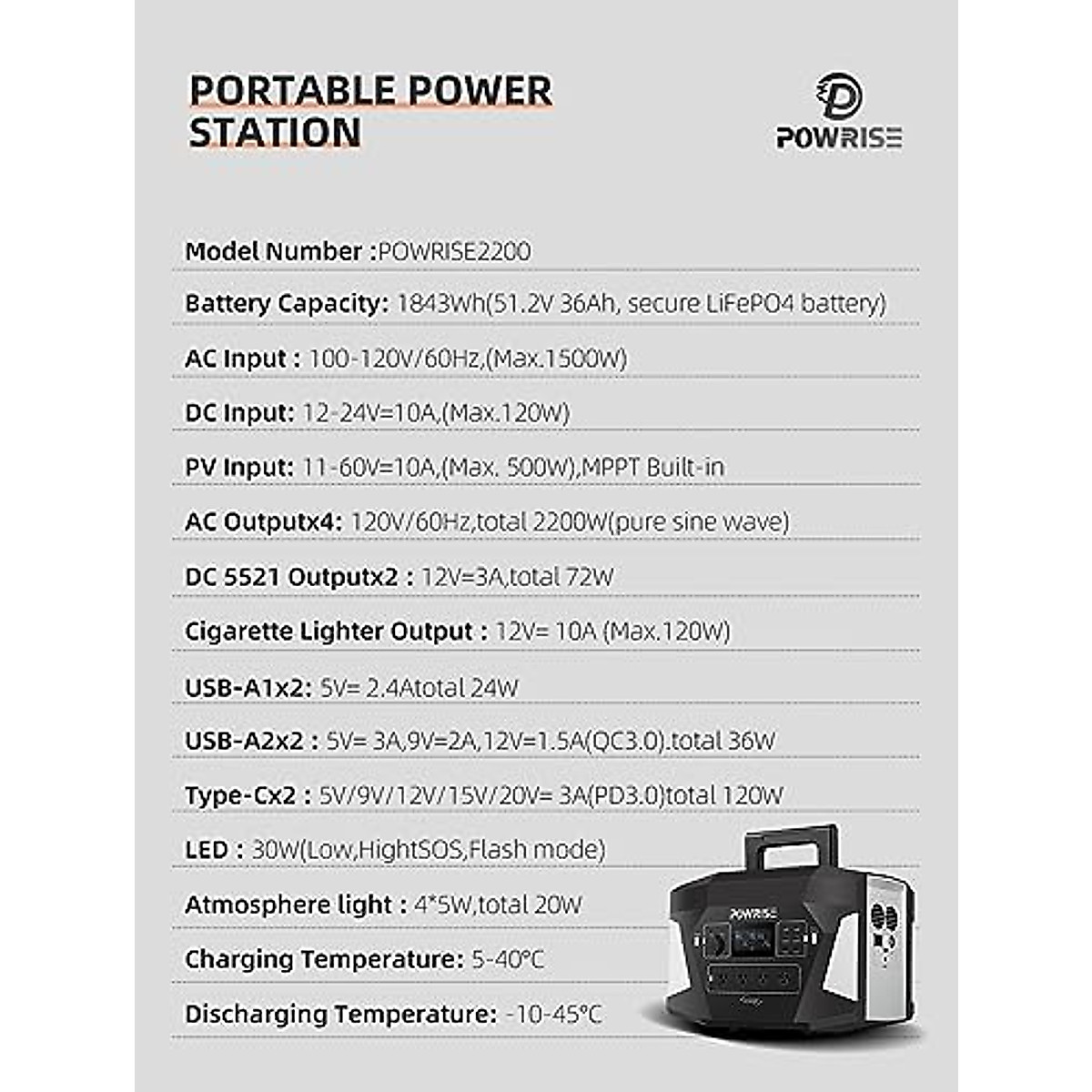 POWRISE 2200W Portable Power Station(4000W Peak),1.5H Super Fast Charging,UPS Function,1843Wh LiFePO4 Battery Backup w/ 13 Outlets (AC DC USB),Solar Generator for Outdoor Camping,RV,Home Use,Emergency
