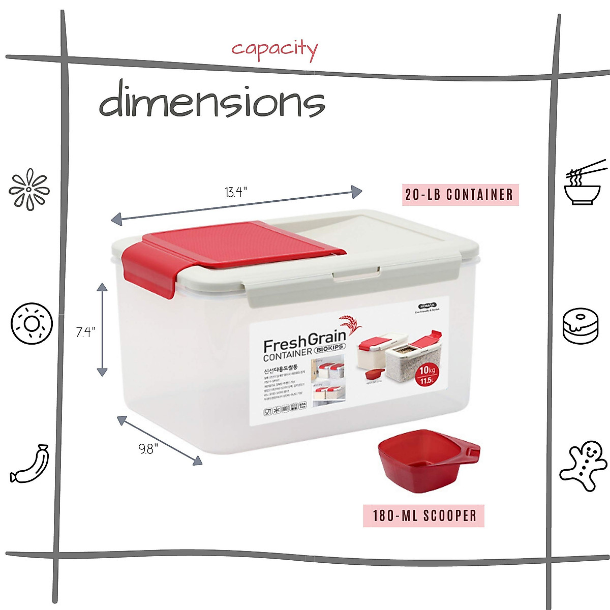 Komax Biokips Extra Large Food Containers, 20lb Food Storage Bins with Lids & Scooper, BPA Free Airtight Kitchen Storage Containers to Store Dry Food, Cat/Dog Food Storage Container (13 x 10 x 7.5)