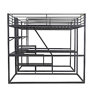 Merax Double Twin Over Twin Metal Bunk Bed with Shelves, and Storage Staircase, Metal Double Loft Bed Frame with Desk, Black