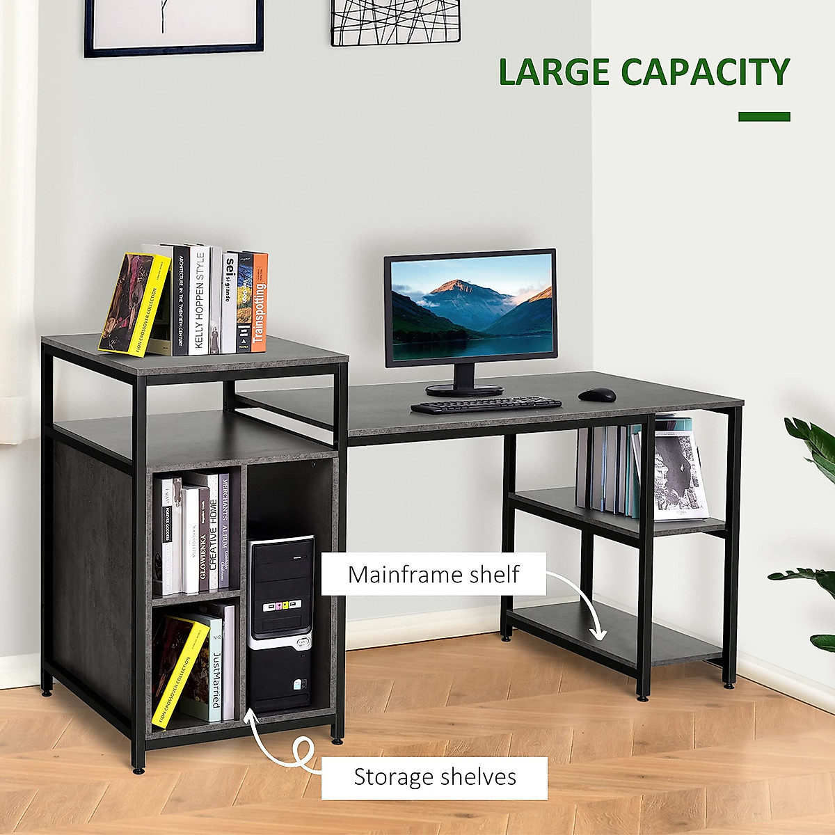 HOMCOM 68 Inch Office Table Computer Desk Workstation Bookshelf with CPU Stand, Spacious Storage Shelves & Chic Modern Woodgrain Design, Grey