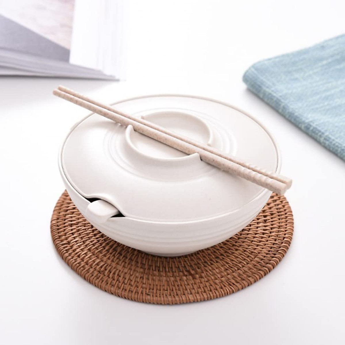 Kichvoe 1 Set Instant Noodle Bowl Rice Bowl Porcelain Ramen Bowl Ramen Bowl with Chopstick Ceramic Bowl with Lid Fruit Bowl Melamine Bowls Dessert Cereal Ceramics White Unbreakable Bamboo