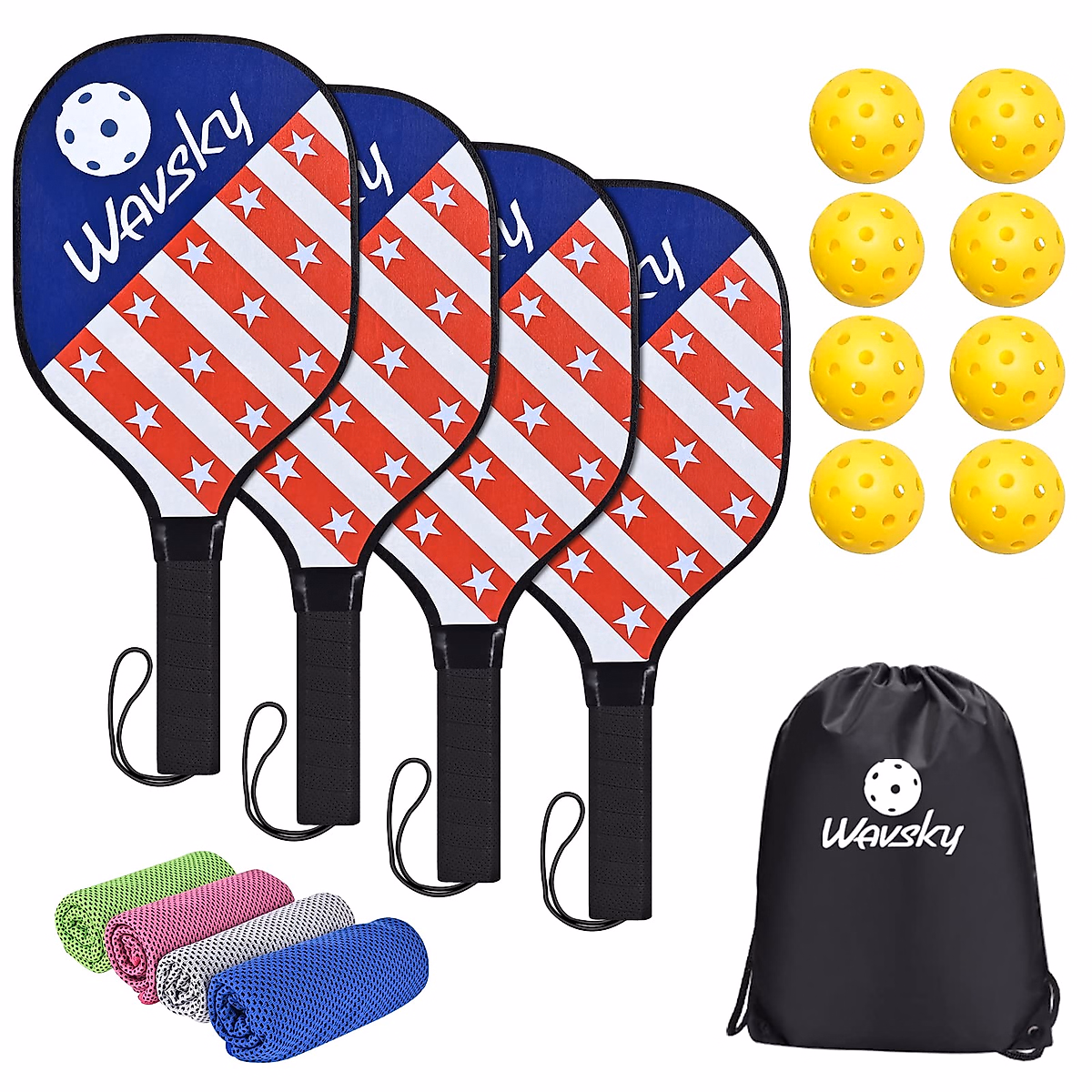 Wavsky Pickleball Set - 4 Paddles, 8 Balls, 4 Cooling Towels, Carry Bag, Wooden Pickleball Rackets With Ergonomic Grips for Beginners