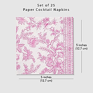Coterie Pink Floral Paper Cocktail Napkins (Set of 25) | Beautiful Pink and White Toile Paper Napkins For Bridal and Baby Shower, Tea Party, Garden Party, Birthday Party | 5” Fancy Paper Napkins