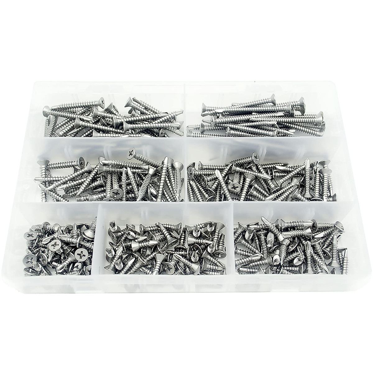 Guard4U 300Pcs 7-Size 410 Stainless Steel #8 SAE Flat Head Phillips Self Drilling Screws Sheet Metal Tek Screws Assortment Kit, Modified Truss Head Self Driller- #8 x 1/2" to #8 x 2"