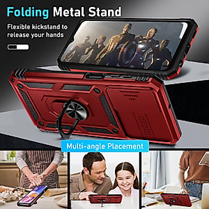 Janmitta Compatible with Galaxy A23 5G/4G Case Built in Slide Camera Lens Cover+Screen Protector,Heavy Duty Shockproof Full Body Cover,Built in Finger Ring Stable Holder Kickstand,2022 Red