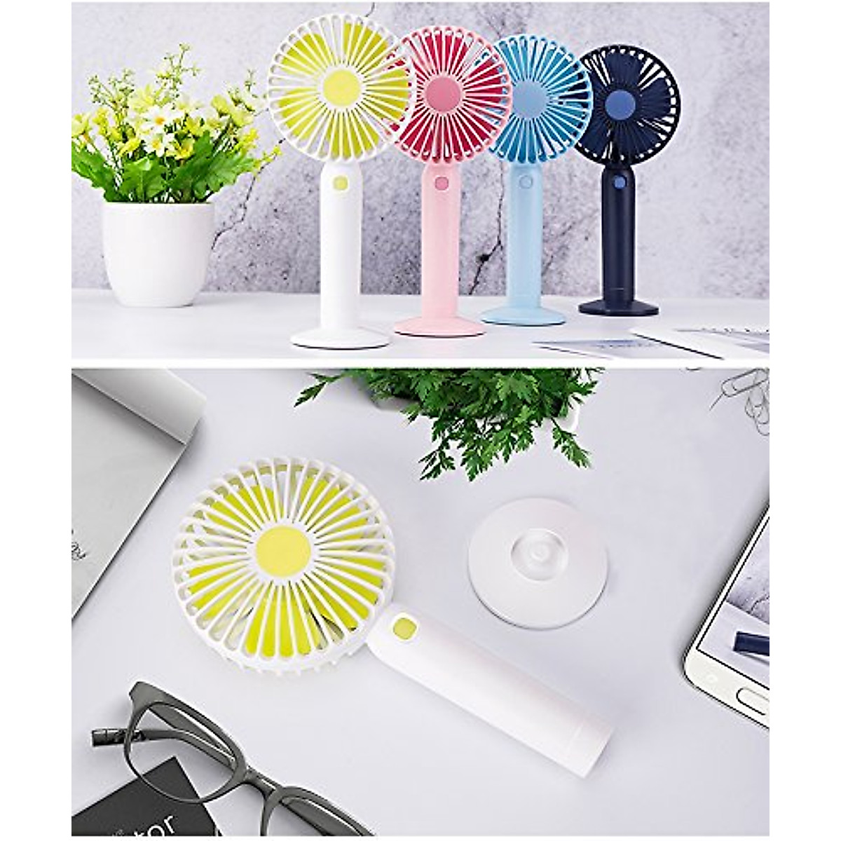 Swiss Crafts SWISSCRAFTS Portable Mini Handheld Fan, USB Rechargeable Personal Fan with Base, 3 Step Speed, 5 Blades, High Compatibility Mini Fan for Office, Outdoor, Camping, Beach(2 Set, Pink)
