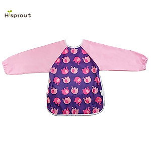Hi Sprout Infant Toddler Baby Waterproof Sleeved Bib, Bib with Sleeves&Pocket, 6-24 Months (Pink Elephant)