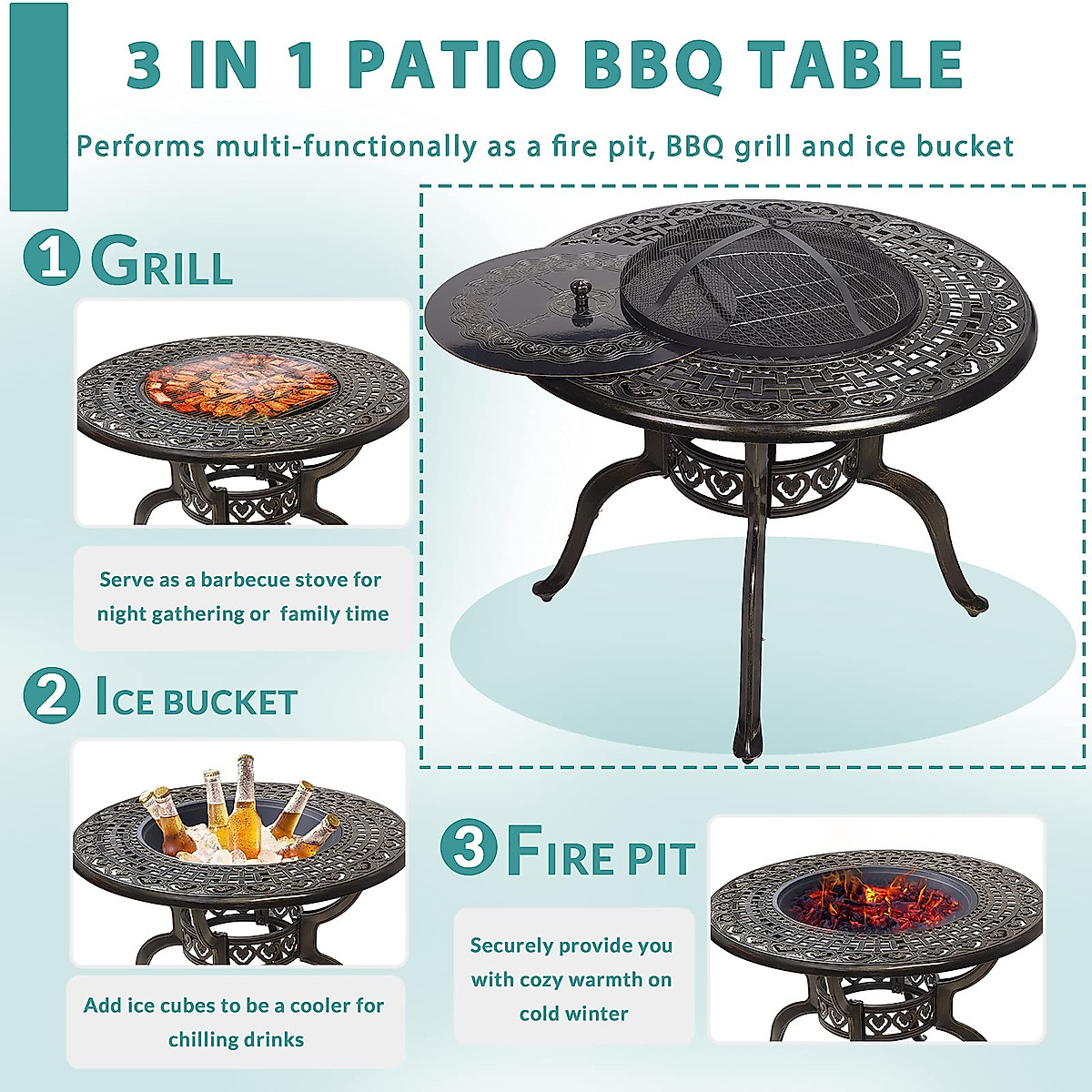 MEETWARM 40.3" Patio Fire Pit Dining Table Round Charcoal and Wood Burning, Outdoor All Weather Cast Aluminum Patio Furniture with Fire Bowl, Cooking BBQ Grill, Wood Grate, Spark Screen and Poker