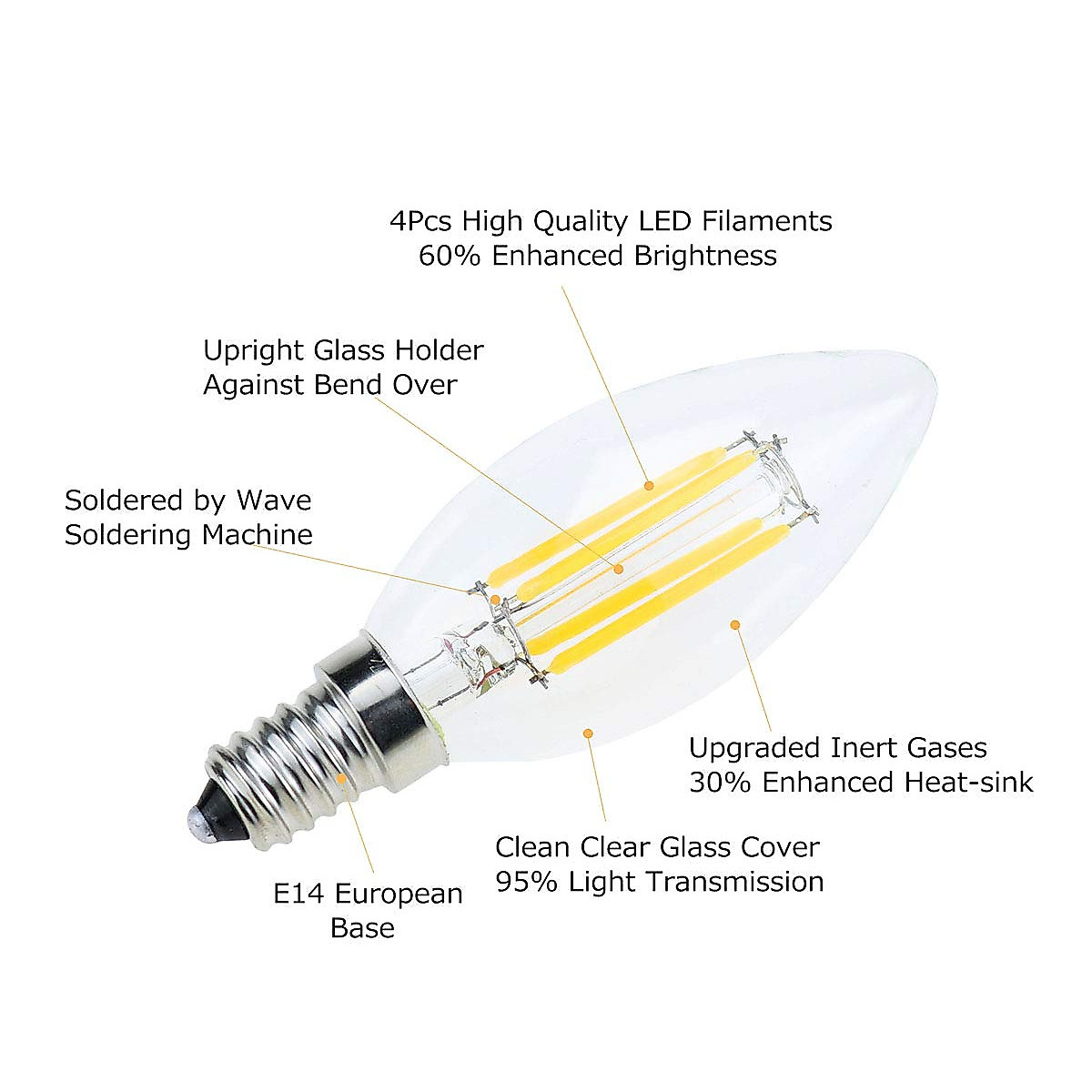 Lamsky E14 LED Filament Candle Shape Light Bulb,E14 European Base Bulb,Daylight 6000K 600LM 60W Equivalent,C35 Clear Glass Torpedo Shape Bullet Top,No-Dimmable (4-Pack)