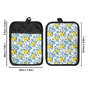 Jndtueit Lemon Non Slip Heat Resistant Hot Pot Holder 2Set, Yellow Fruit Quilted Liner 9.6*7.4 Inches with Hanging Loop with Pocket, Blue Leaf Potholder for Cooking & Baking