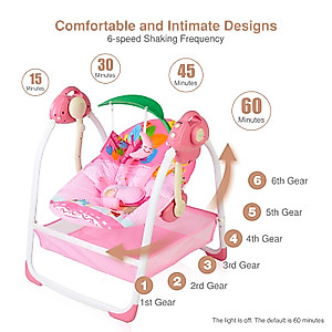 Baby Swing for Infants, Portable Baby Swing with 6 Motions, Toddler Swing with Music, Sounds, Timing, Baby Rocker with 2 Toys, Plsuh Seat & Soft Head Support, Machine Washable Fabric (Pink)