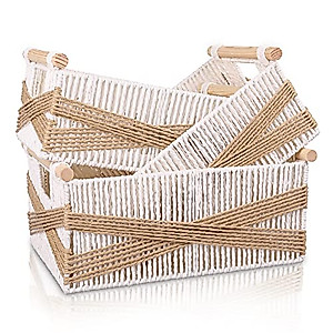 LaMorée Storage Baskets 3 PCS Paper Rope Woven Storage Bin Set with Natural Wooden Handles Decorative Boho Wicker Boxes for Tabletop Shelves Home Office Nursery Organizer Container – Brown and White