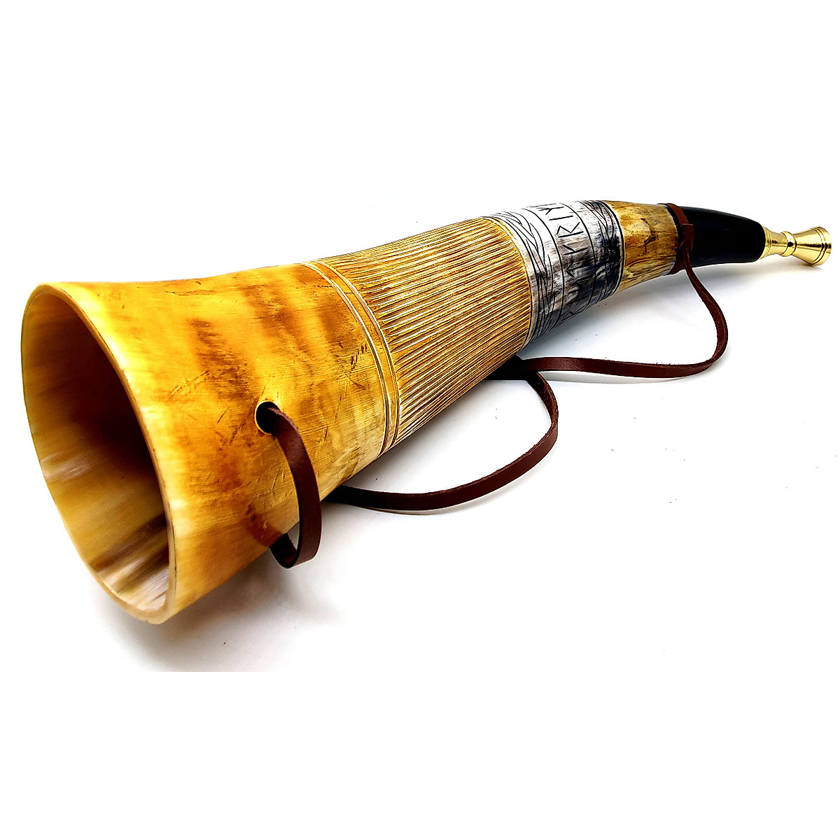 Viking War Horn Genuine Ox-Horn Battle Trumpet - Premium Hand Engraved Horn Viking Norse Cattle Ancient Horn Bugle Hunting Tool BATTLE HORN BLOWING HORN VIKING BUGLE HORN & Brass With Wooden Stand 16"