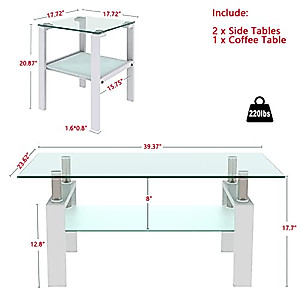 Glass Coffee Table and End Table Sets, White Tempered Glass Living Room Table Set of 3, Modern Tea Table & 2 Side Tables 2-Layer Perfect for Home Office Furniture