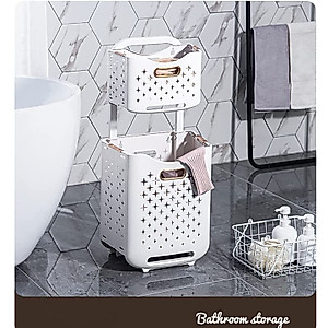 Laundry Baskets on Wheels, Laundry Trolley, Laundry Collector with 2 Layers, 2 Storage Baskets, Laundry Sorter for Bedroom, Bathroom for Clothes and Toys, Total 77L, Plastic, 75x34.5x26cm (New)