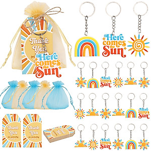 Serencatcher 90pcs Here Comes The Sun Baby Shower Decorations, Boho Sun Party Favors Include Boho Rainbow Sun Keychains Thank You Gift Tags Organza Bag for Sunshine Baby Shower Birthday Decorations